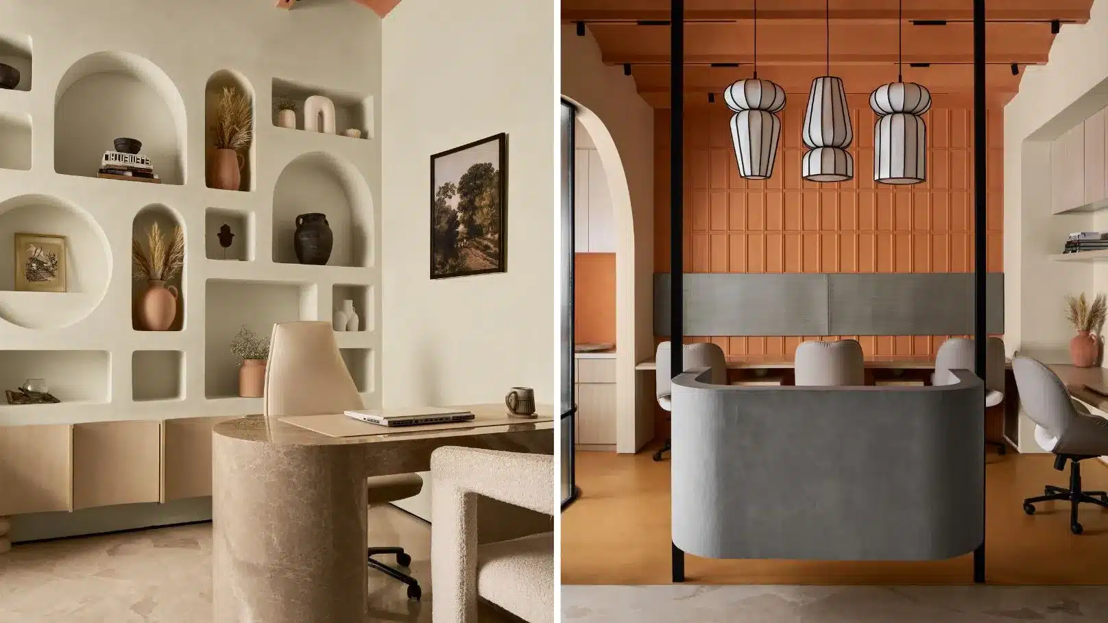 Inside a two-in-one office design in Pune by Red Brick Studio that blends two professions, two ...